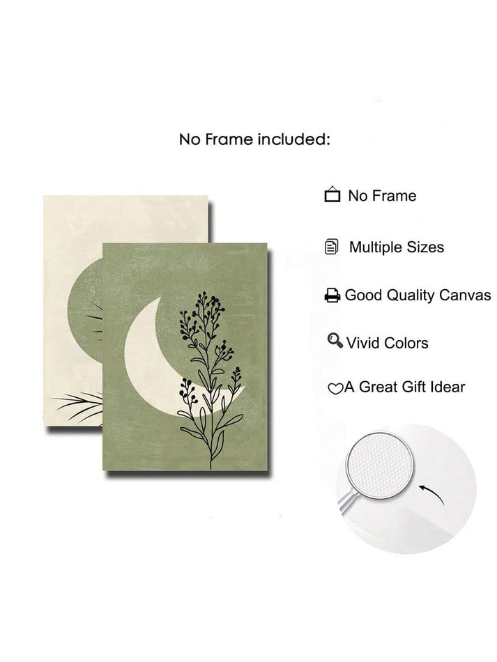 Set of 2 Retro Moon & Leaf Canvas Prints - Creamy White & Sage Green A